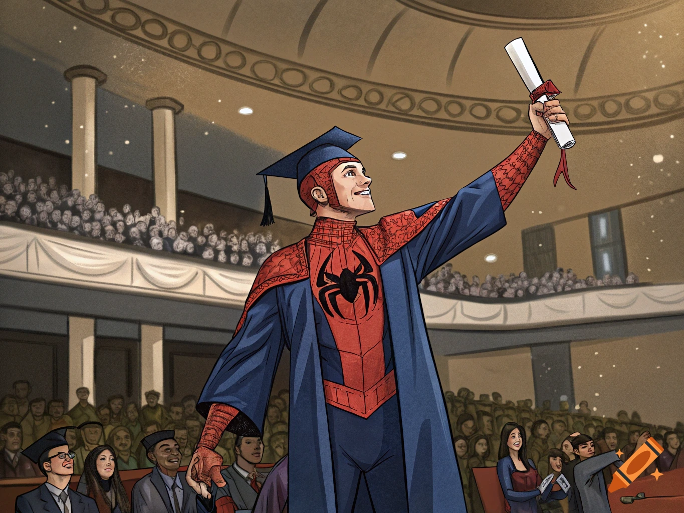 Comic illustration of Spider-Man in a graduation gown holding a diploma ...