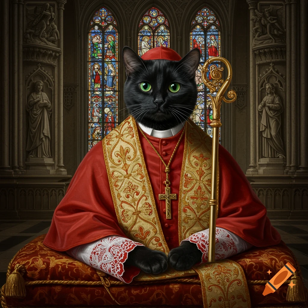 Black cat dressed as a catholic cardinal on Craiyon