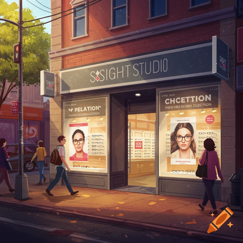A street scene with people walking past a store called Sight Studio. on ...