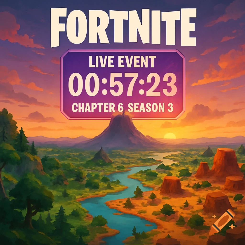 A landscape with a volcano, river, and mesa rocks at sunset, overlaid ...