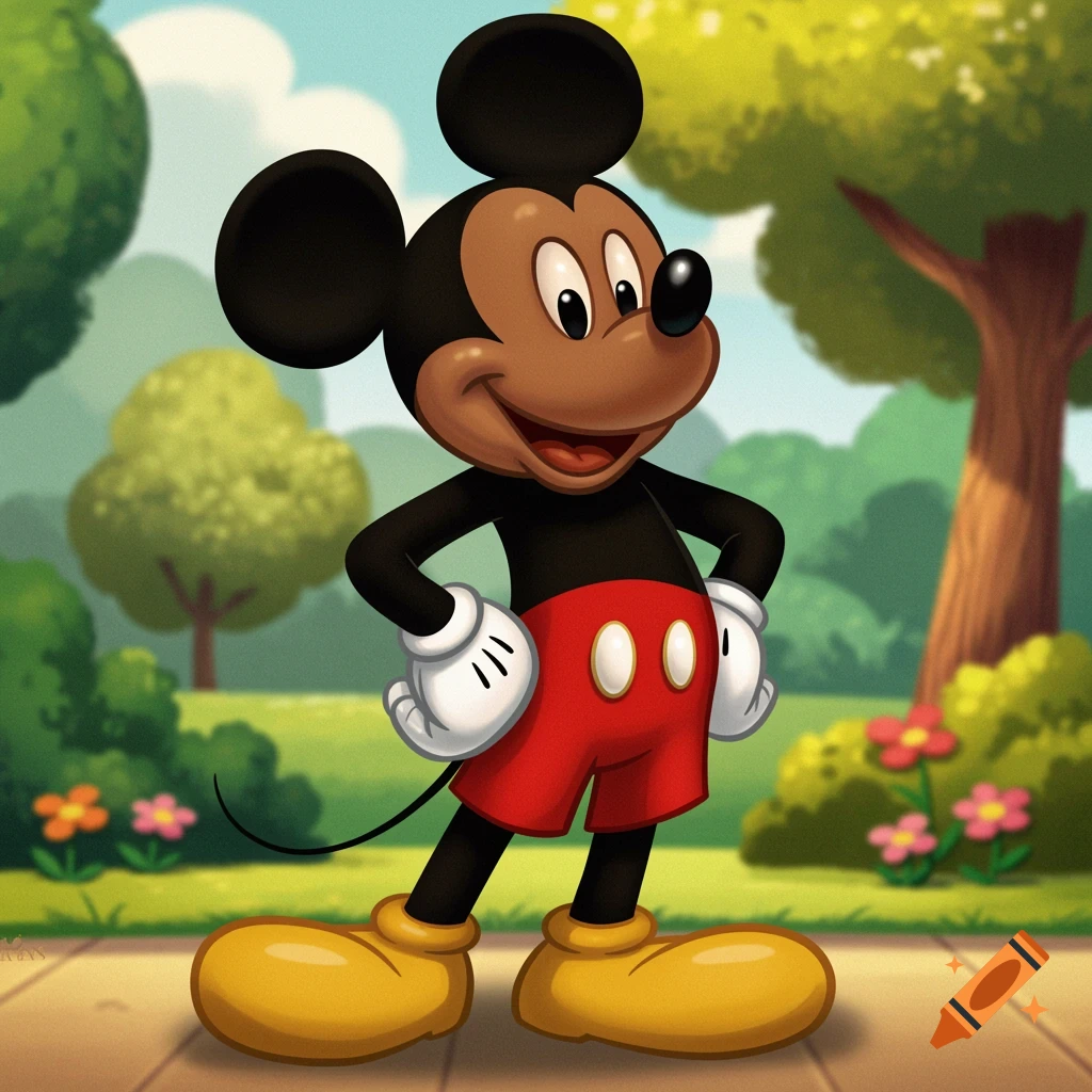 Illustration of Mickey Mouse standing in a sunny park. on Craiyon