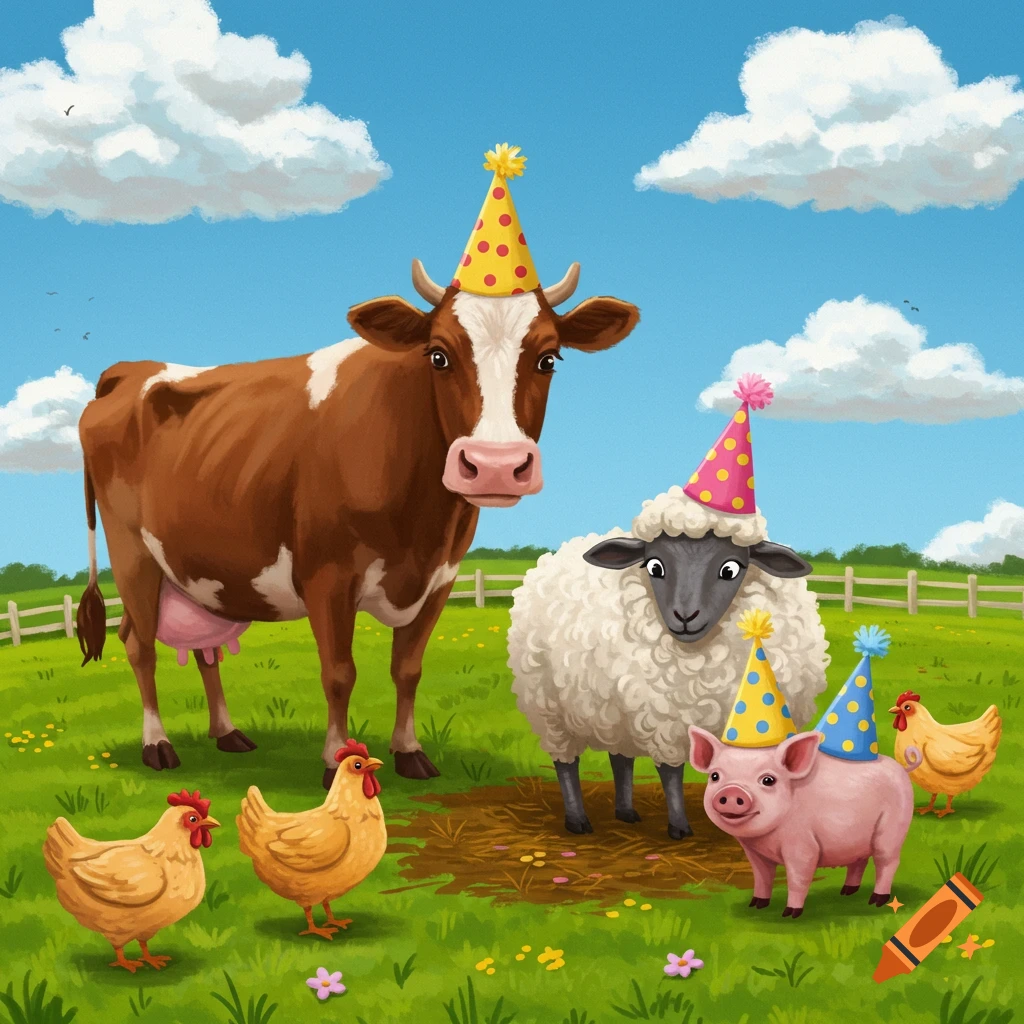 A cow, sheep, pig, and chickens in a field, with some animals wearing ...