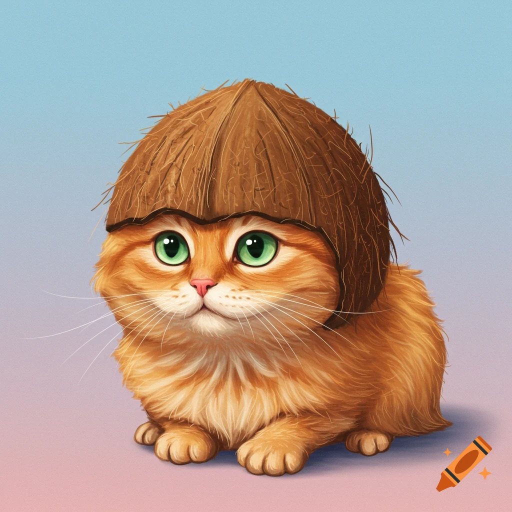 A fluffy orange cat wearing a coconut shell helmet. on Craiyon
