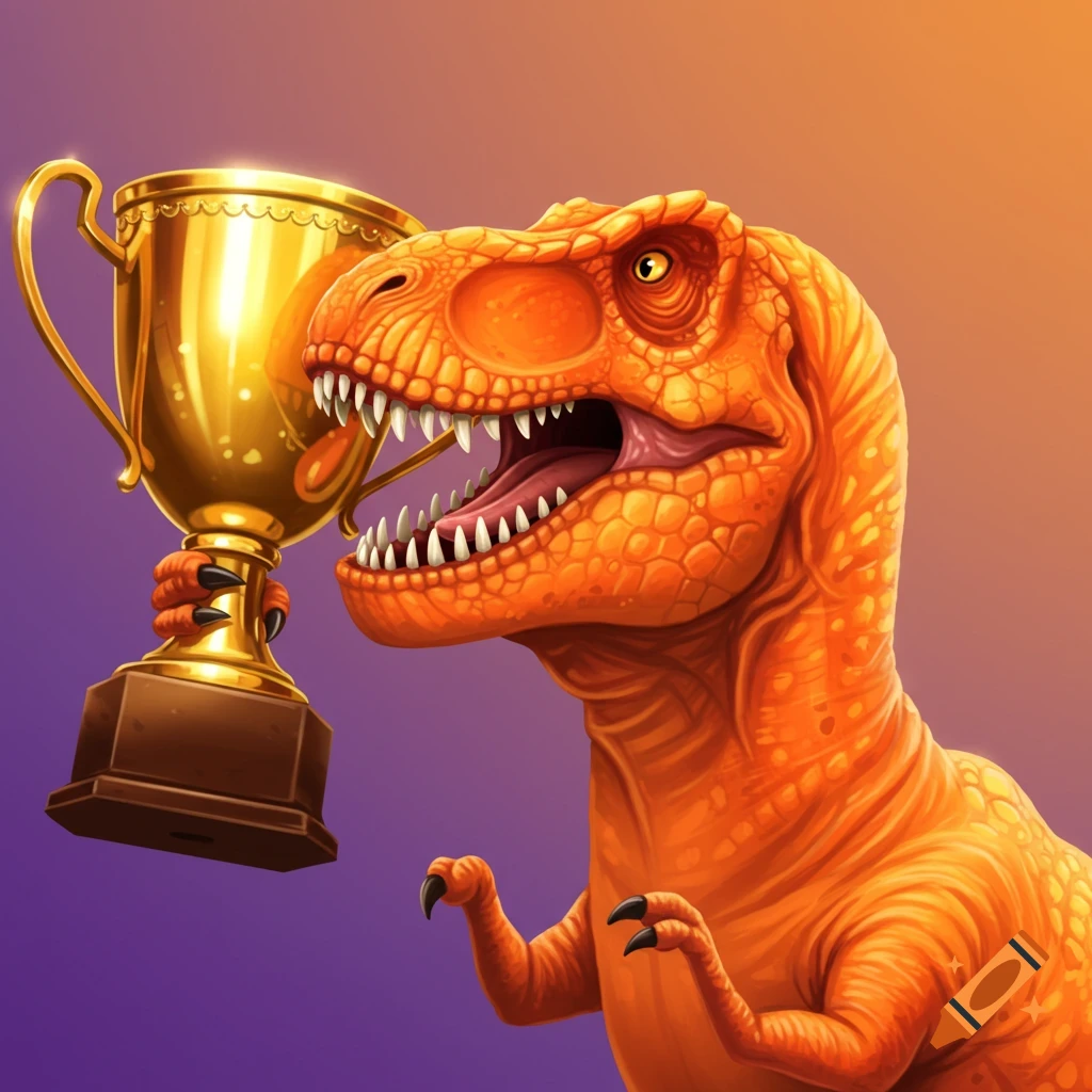 An orange T-Rex dinosaur holds a large golden trophy. on Craiyon