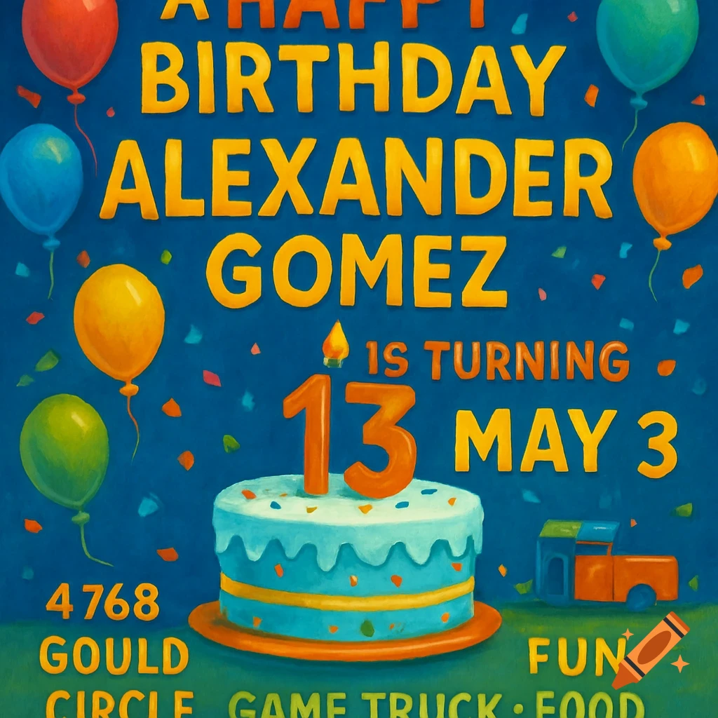 A birthday invitation with balloons, cake, and text for Alexander Gomez ...