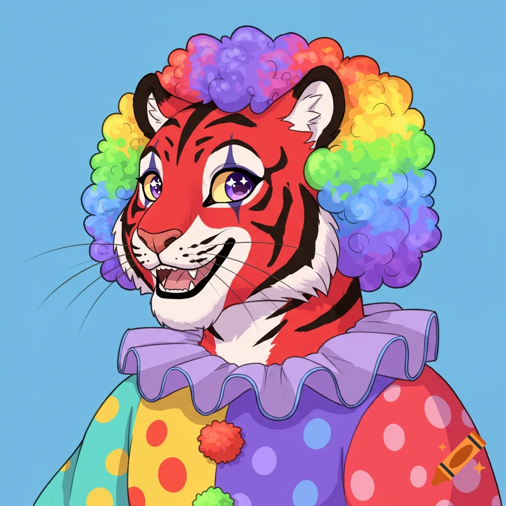 Cartoon tiger wearing a clown suit and rainbow wig. on Craiyon