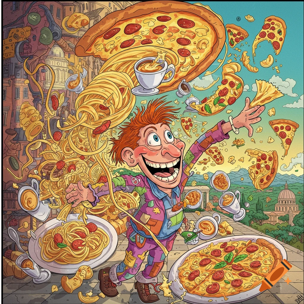 Chaotic cartoon painting packed with Italian food, landmarks, and a ...