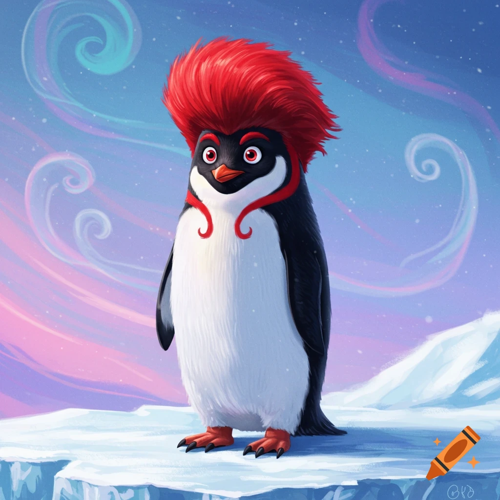 Cartoon penguin sitting on a red couch eating crisps. on Craiyon