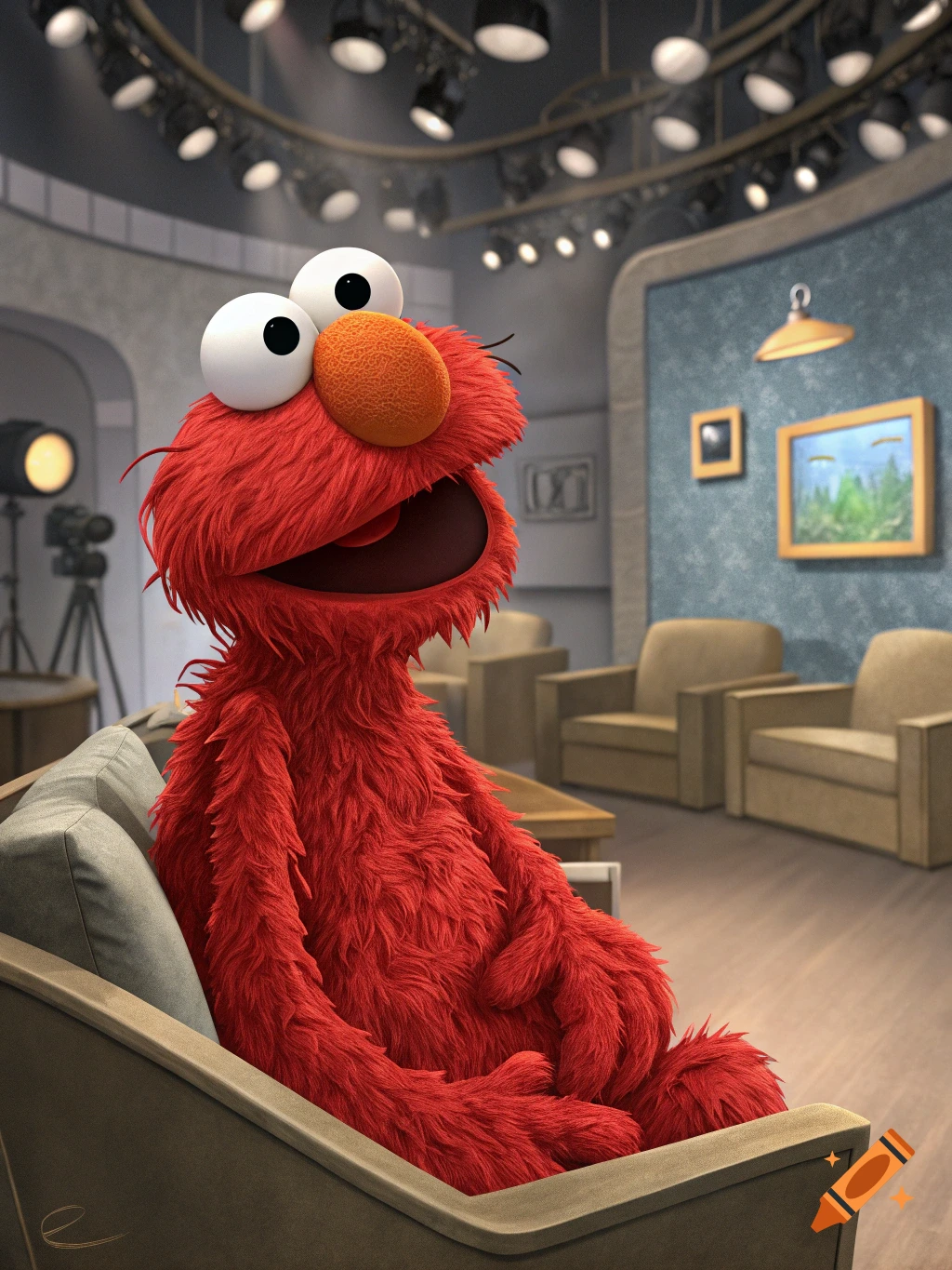 Cartoon Elmo holding a vacuum cleaner and looking scared outdoors. on ...