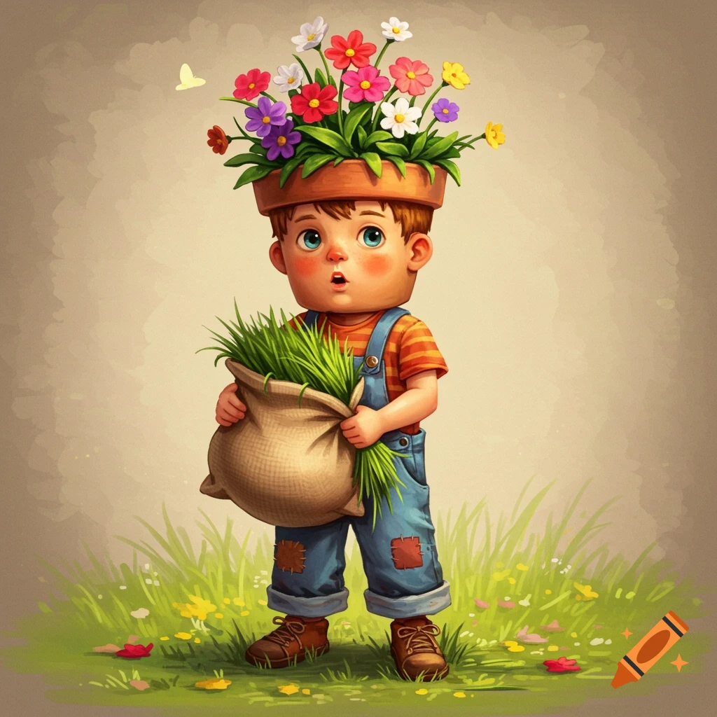 A whimsical depiction of a boy with a flower pot head holding a sack of ...