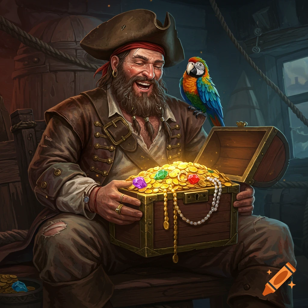 A cartoon pirate with an eye patch and braided beard stands on a ship ...