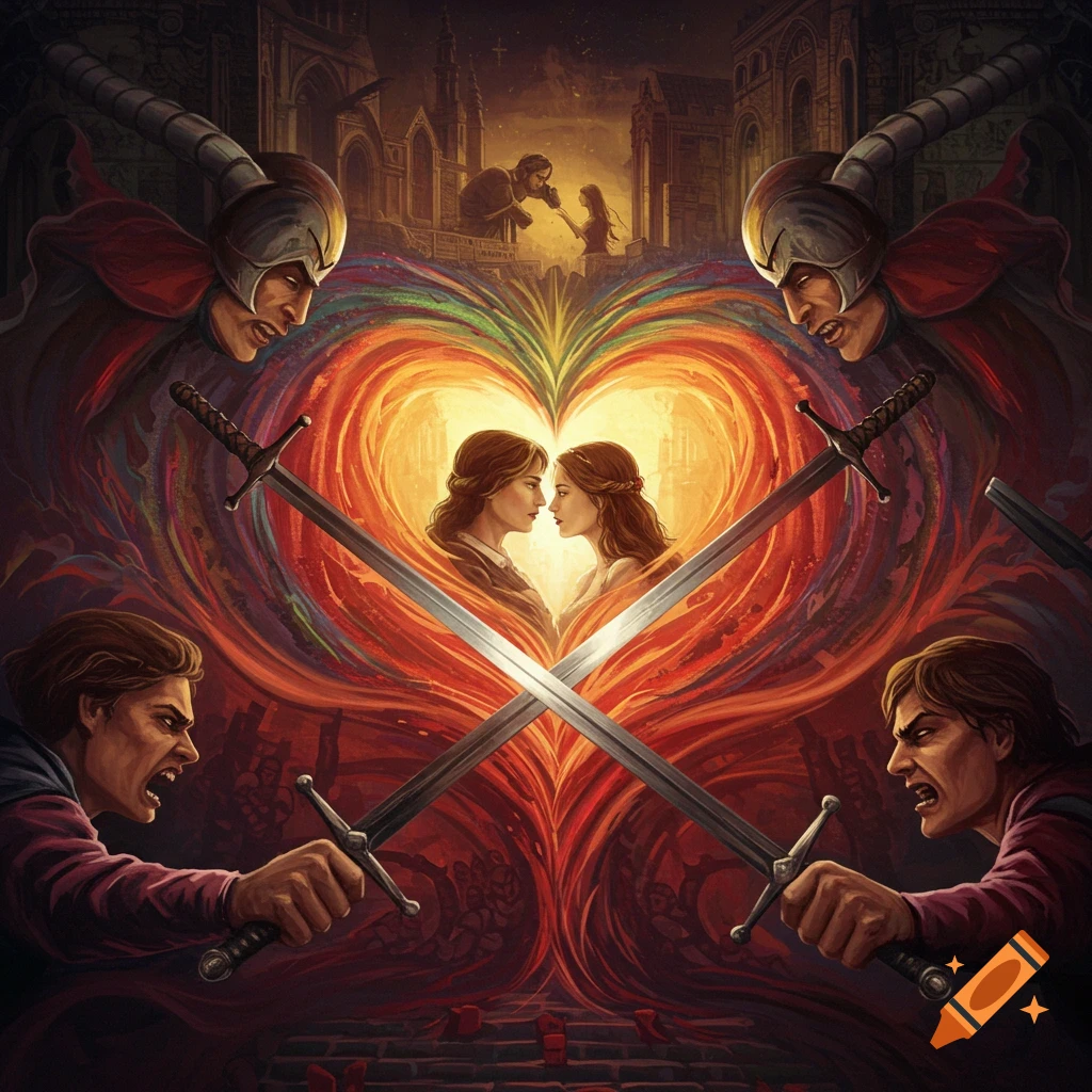 Symbolizing Romeo and Juliet conflict: heart of fire, two figures ...