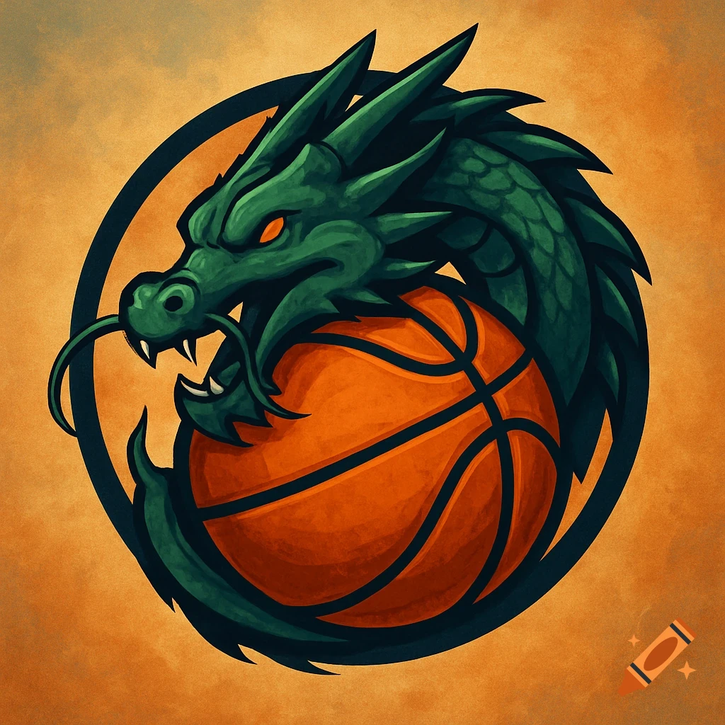 A stylized green dragon wrapped around an orange basketball, forming a ...