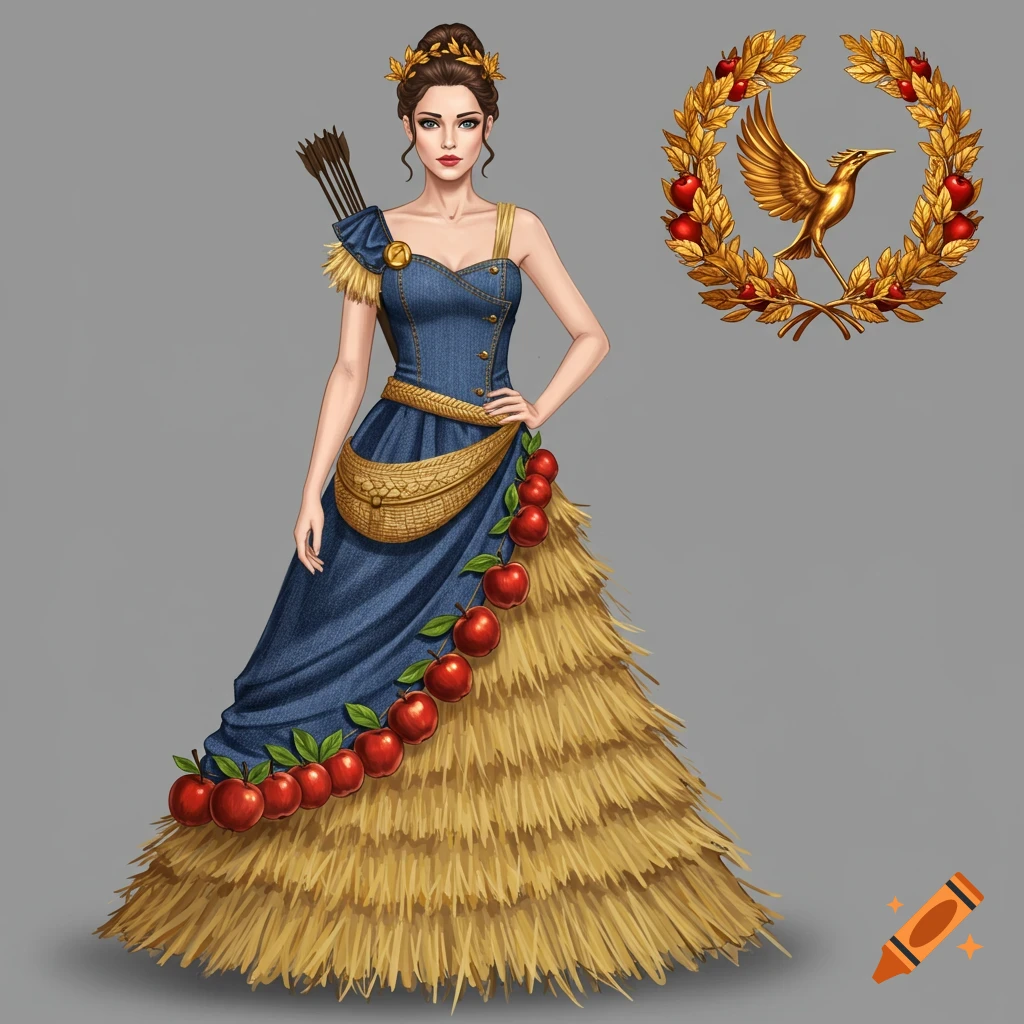 Denim and straw dress design with harvest and orchard symbolism for ...