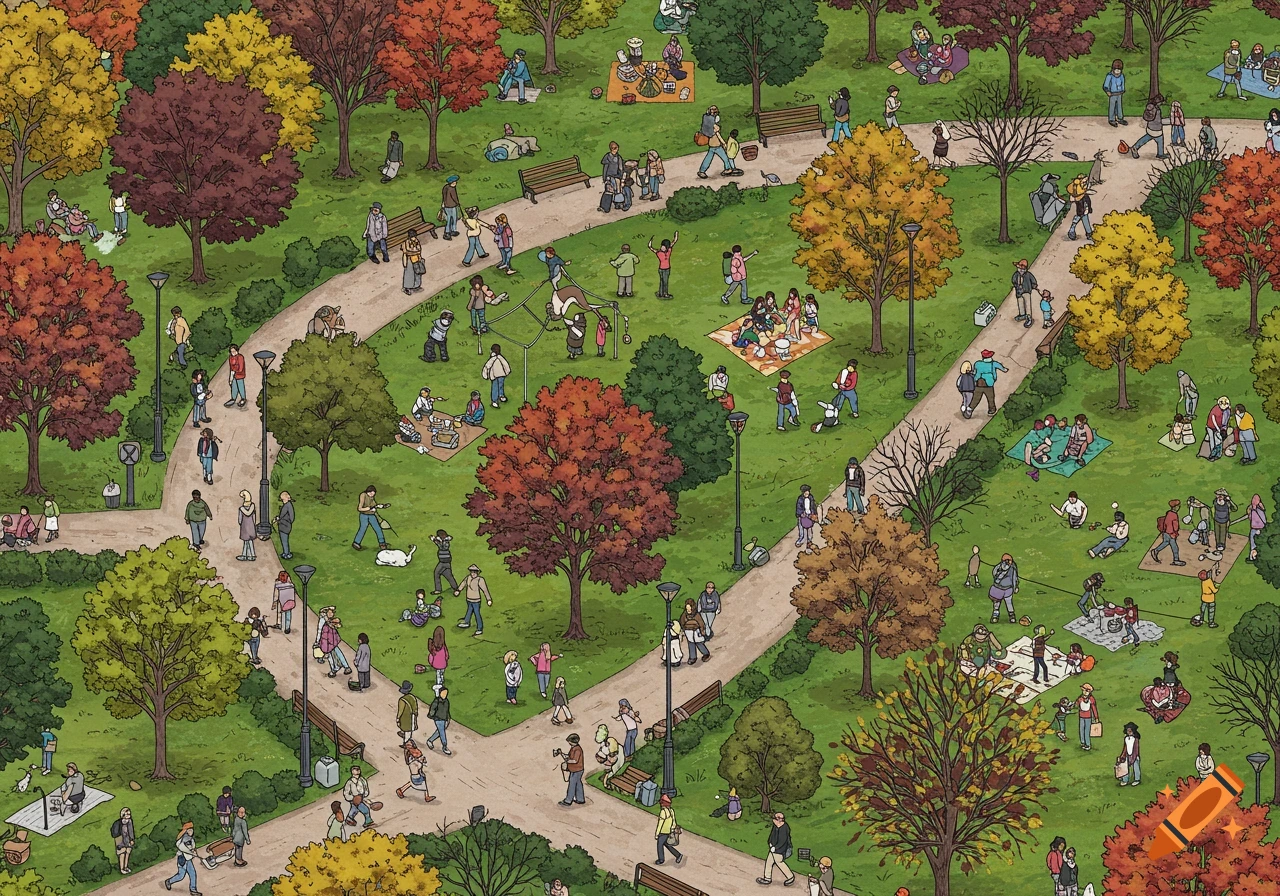 An illustration shows a crowded park from above with people picnicking ...
