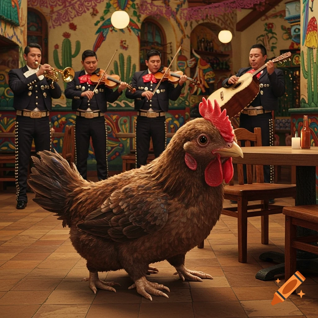 Large chicken in a Mexican restaurant with a mariachi band playing. on ...