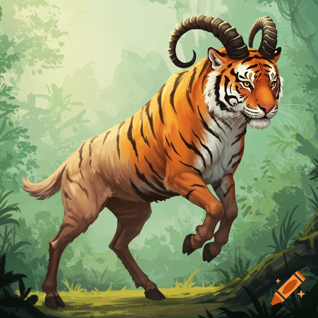 A fantasy creature with a tiger body and goat horns and legs jumps in a ...