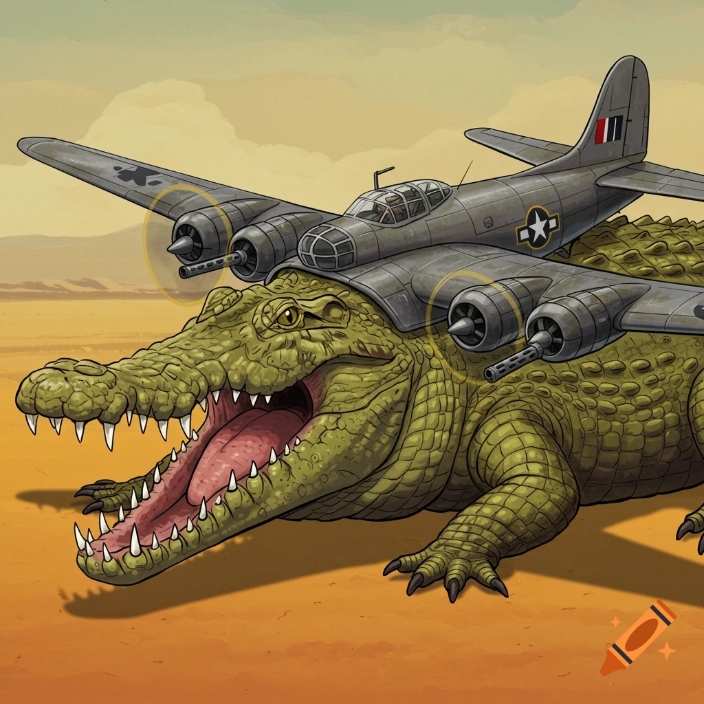 Cartoon illustration of a giant alligator combined with a B-29 bomber ...