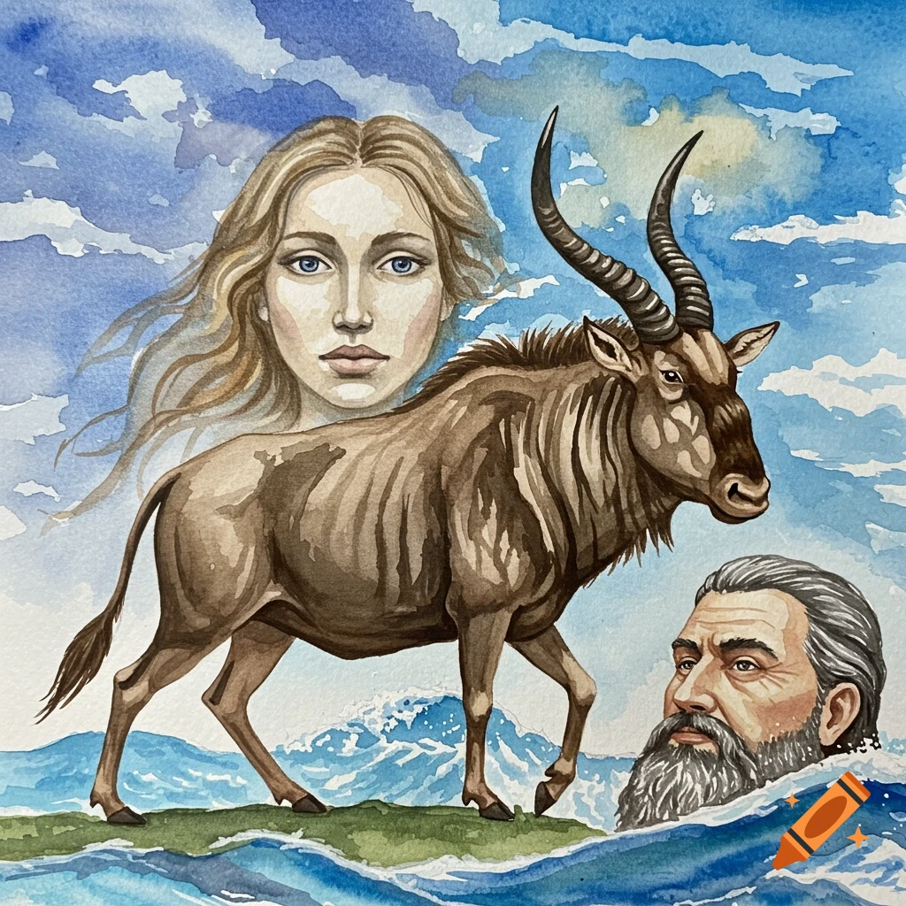 Watercolor painting of a wildebeest with a human face, a woman's face ...