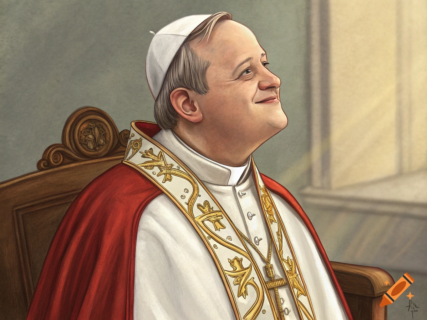 Illustration of a Pope with characteristics of Downs Syndrome, looking ...