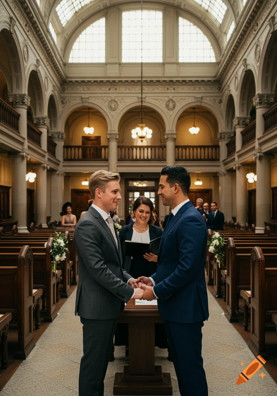 Two men getting married at a courthouse on Craiyon