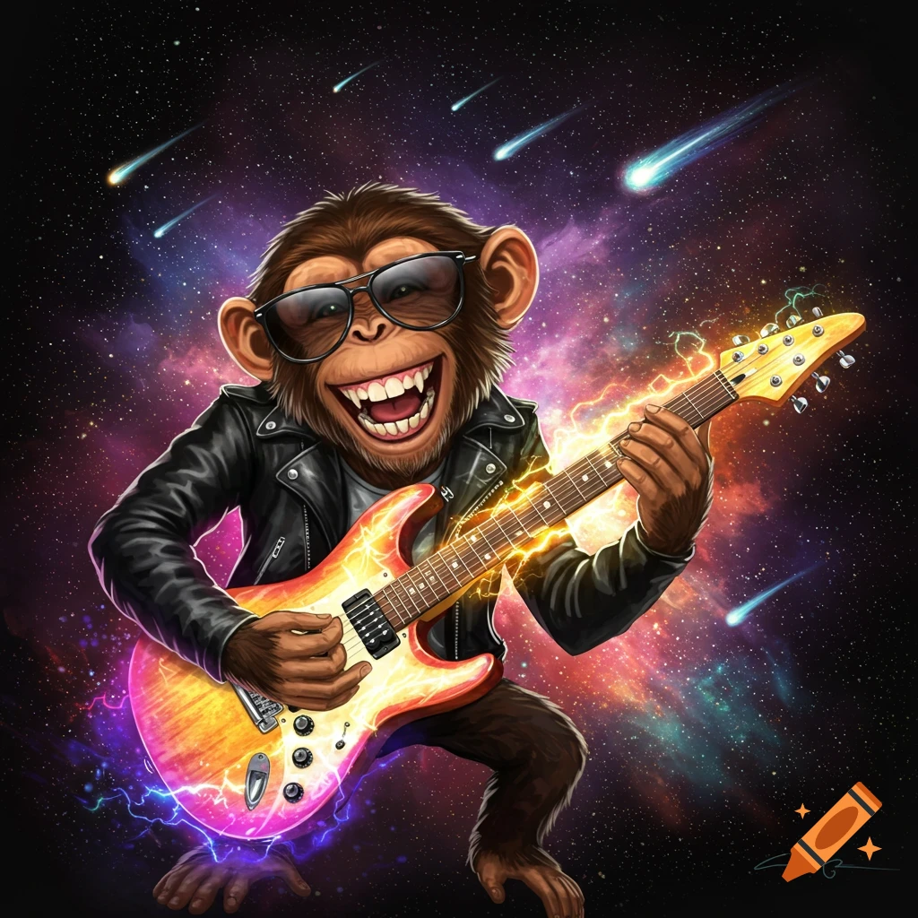 Cartoon monkey in sunglasses and leather jacket plays glowing electric ...