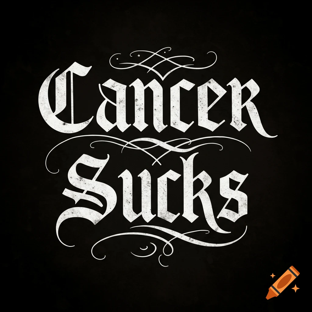 White gothic script 'Cancer Sucks' with decorative swirls on a black ...