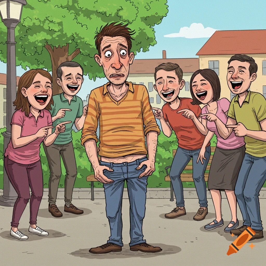 Cartoon illustration of a man looking embarrassed while a group of ...