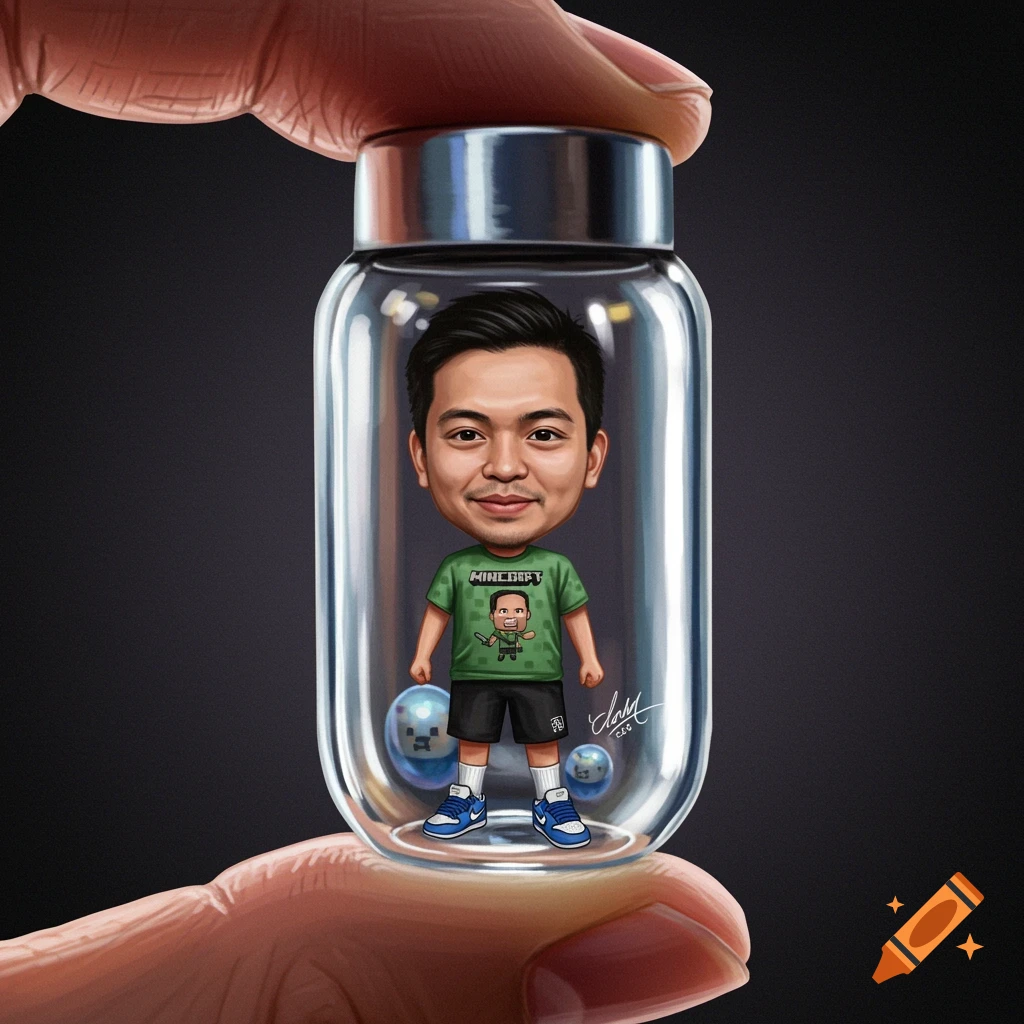 Chibi character wearing a Minecraft shirt inside a glass bottle held by ...