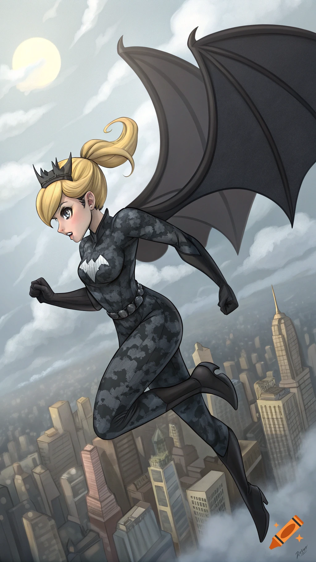 Miraculous Ladybug in a dark camo venom suit stands in a ruined city ...