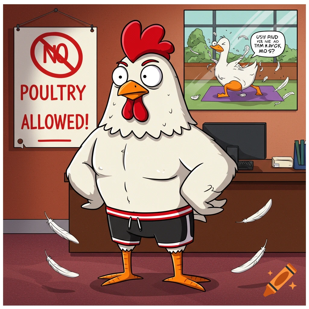 Cartoon chicken wearing gym clothes with duck yoga class flashback on ...