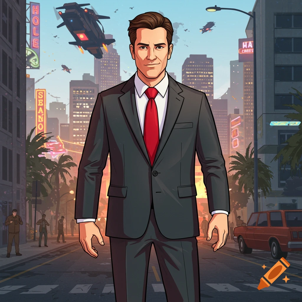Animated man in a suit stands in a futuristic city street with flying ...