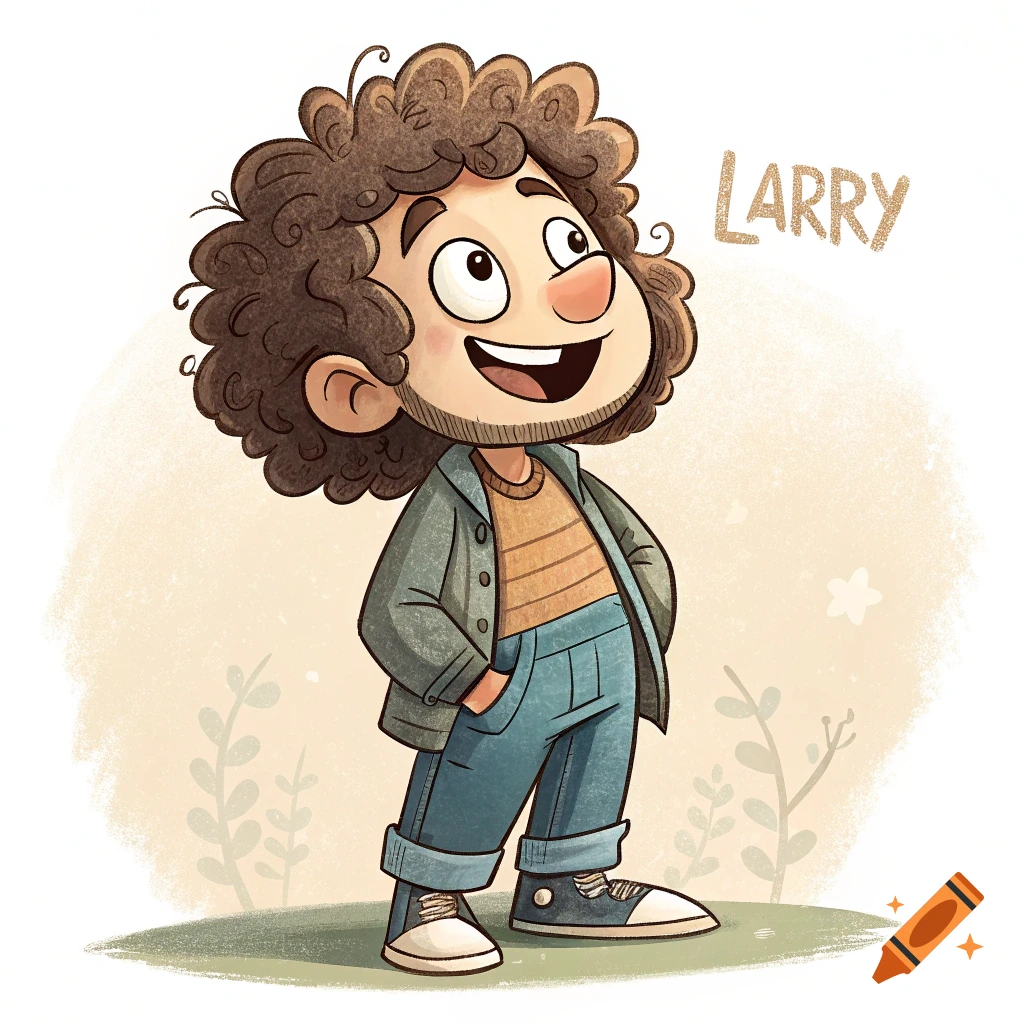 A cartoon illustration of a boy named Larry with curly hair and a beard ...