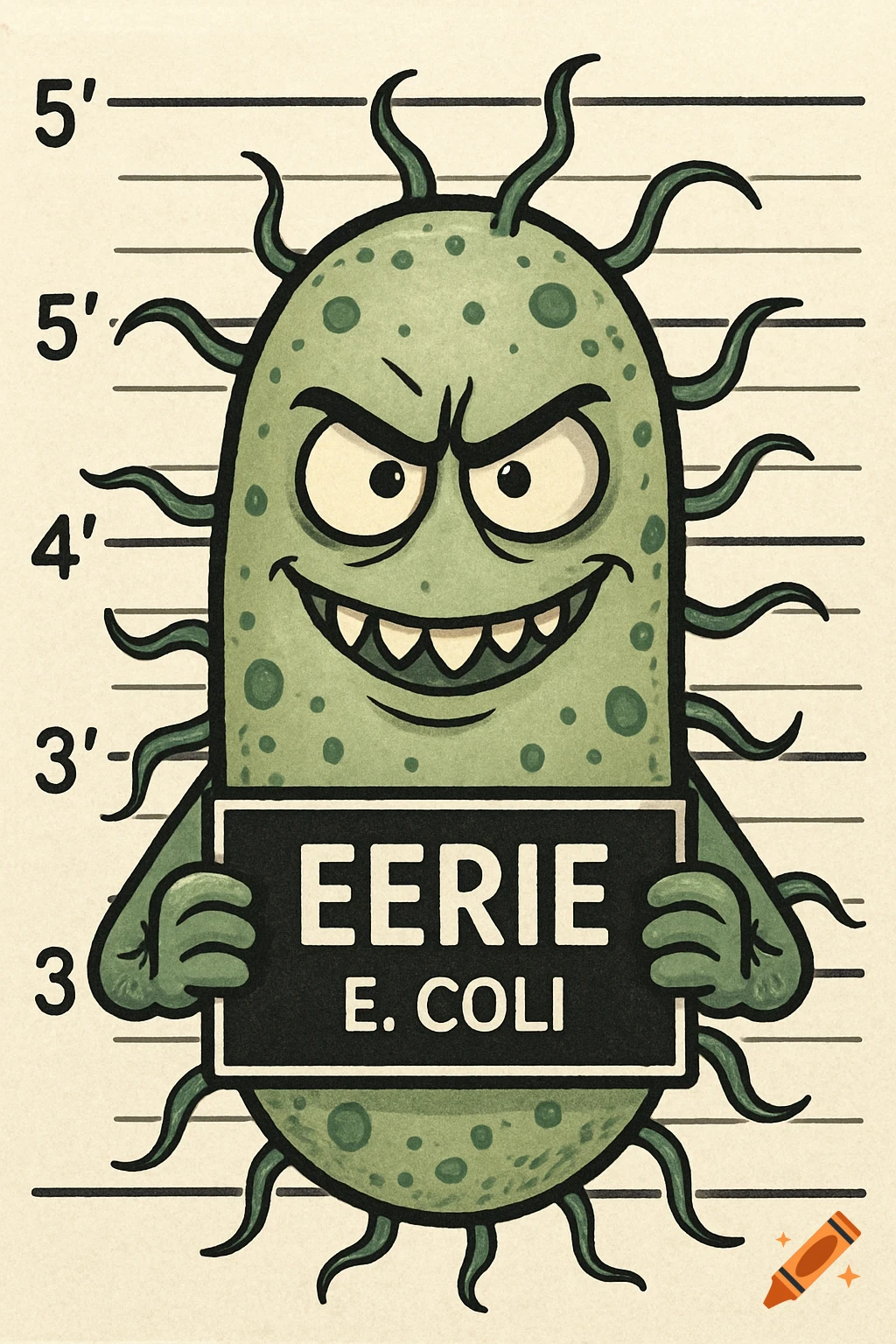 Cartoon illustration of E. coli bacterium mugshot on Craiyon