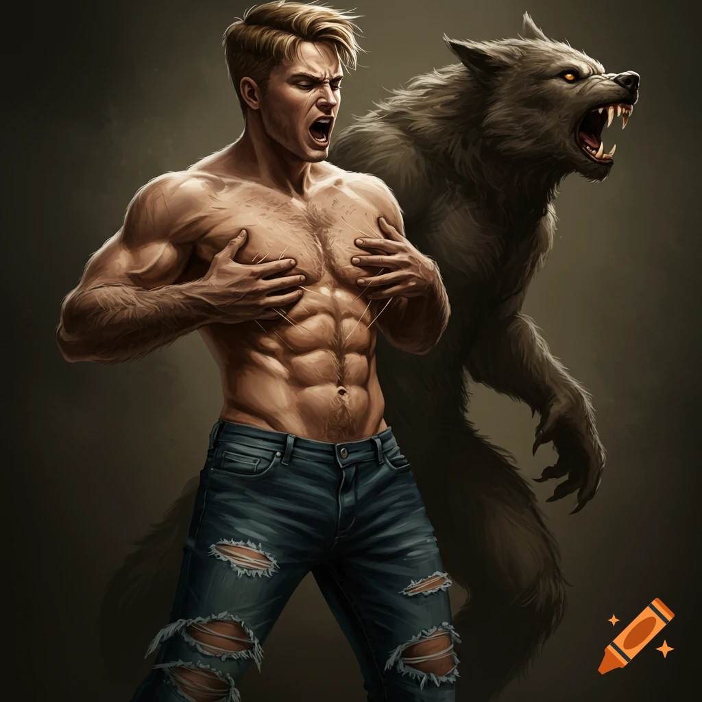 Muscular male werewolf transformation on Craiyon