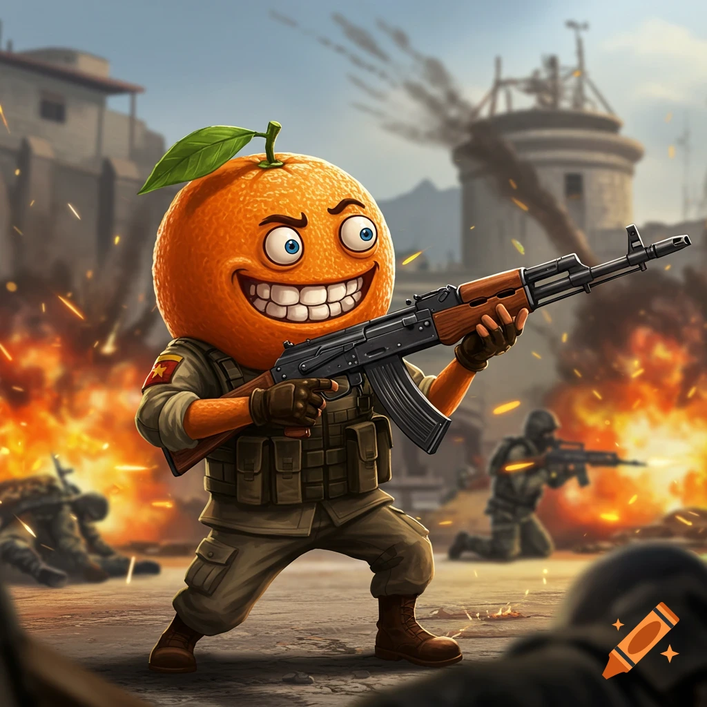 Cartoon orange character in military gear holding a rifle in a warzone ...