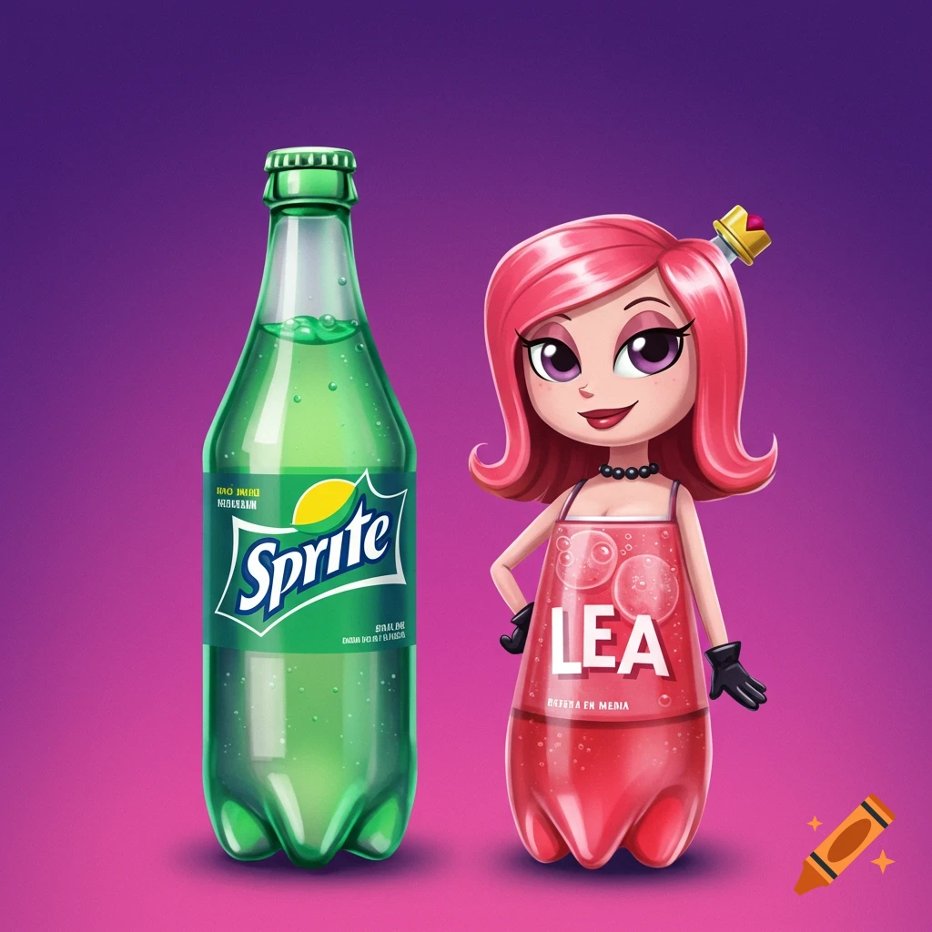 Cartoon illustration of a Sprite bottle next to a stylized red liquid ...