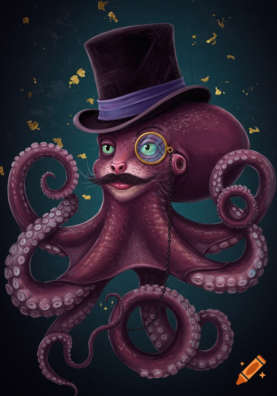 A purple octopus wears a top hat, a monocle, and a mustache. on Craiyon