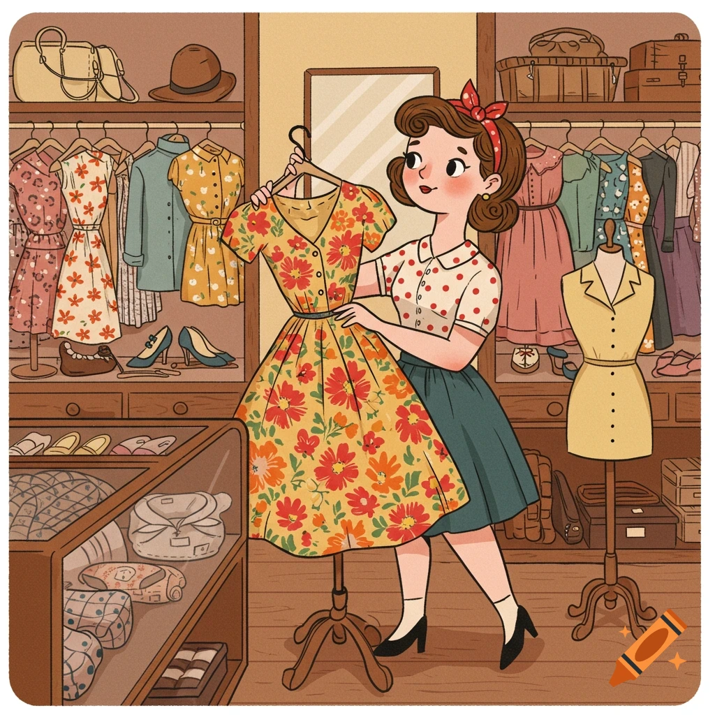 A woman holds a floral dress in a vintage clothing store, illustrated ...