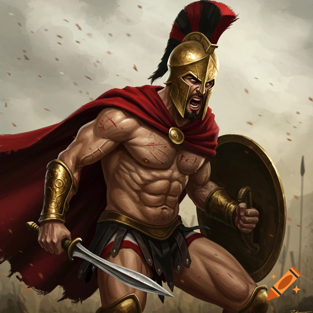 A muscular Spartan warrior with sword and shield in battle. on Craiyon