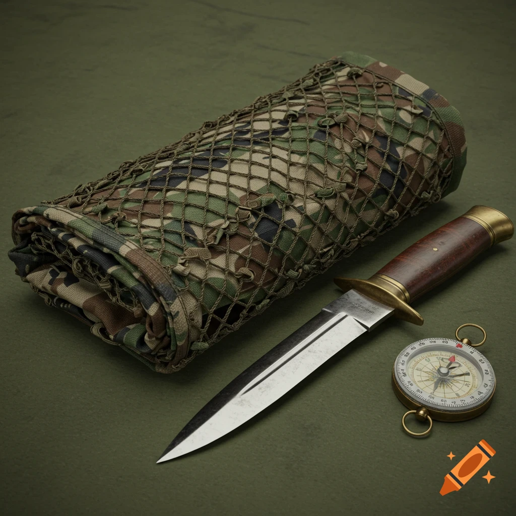 Camouflage sunshade net folded with compass and dagger on Craiyon