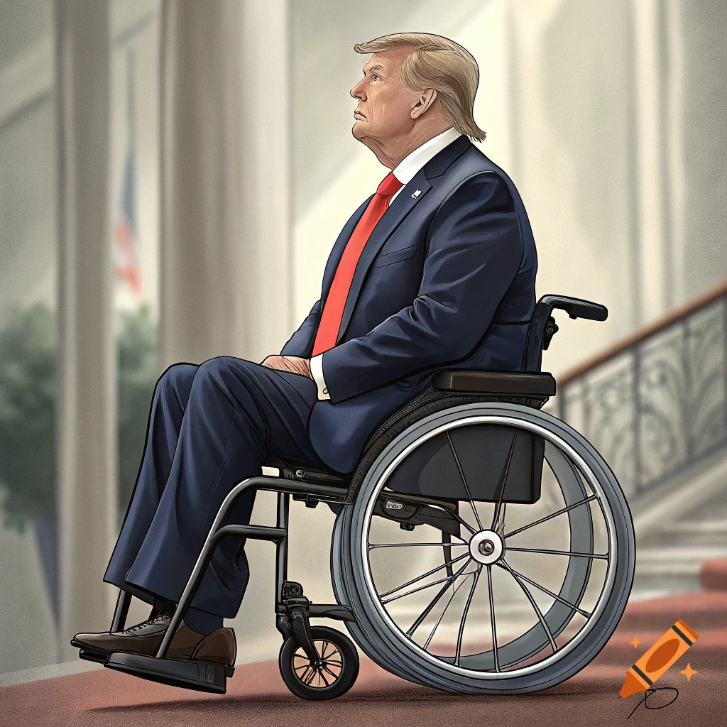 Caricature of Donald Trump sitting in a wheelchair in front of a ...