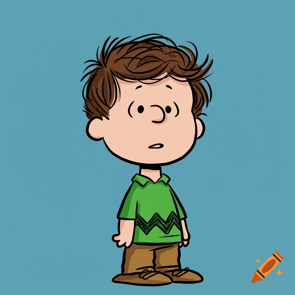 Boy with brown hair in Peanuts cartoon style on Craiyon