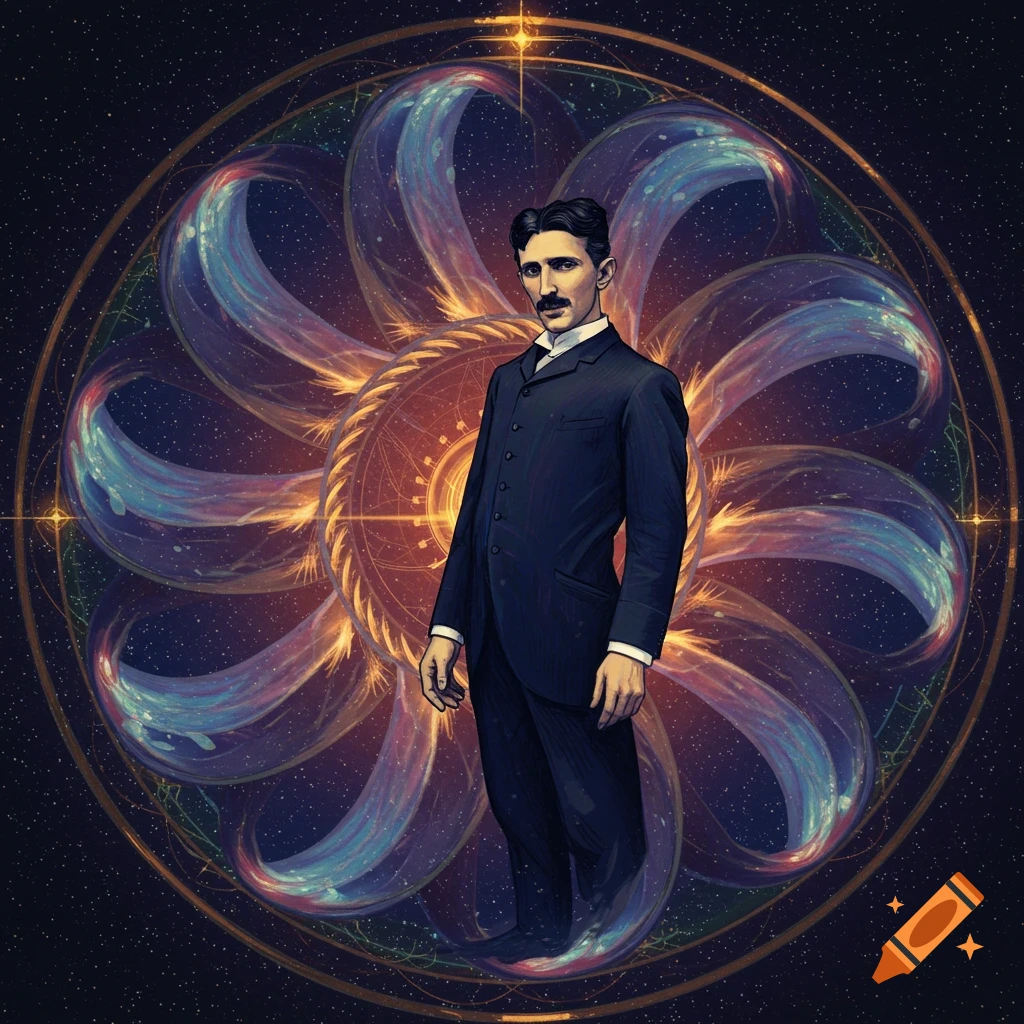 Nikola Tesla stands before a swirling, cosmic energy pattern. on Craiyon