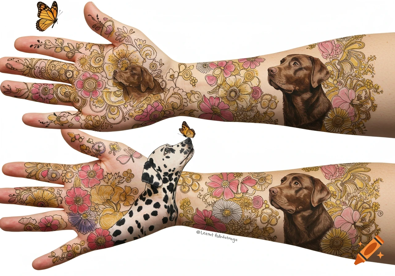 Forearms and hands covered in elaborate henna-style designs featuring ...