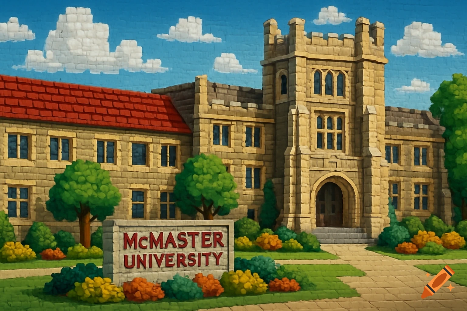 Lego style of McMaster University building and sign on Craiyon