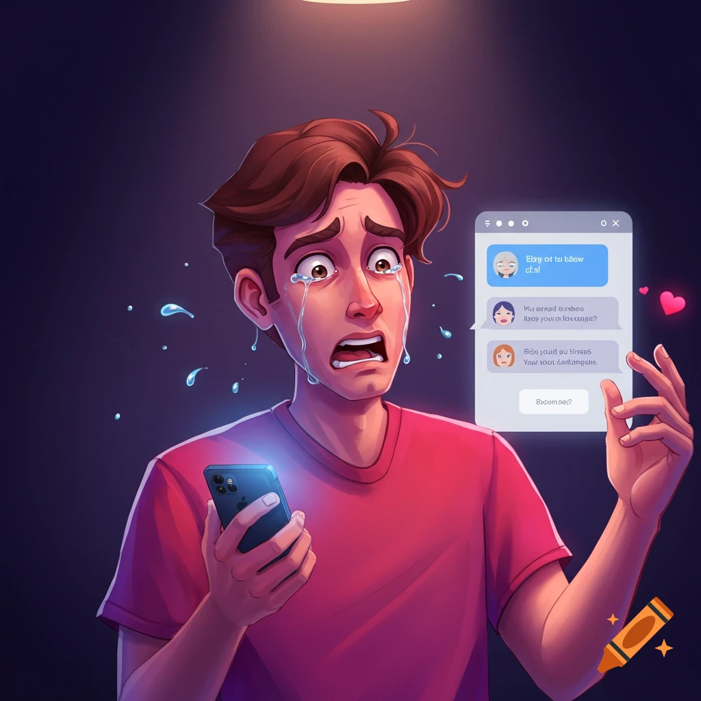 Cody crying while looking at his phone and using c.ai on Craiyon