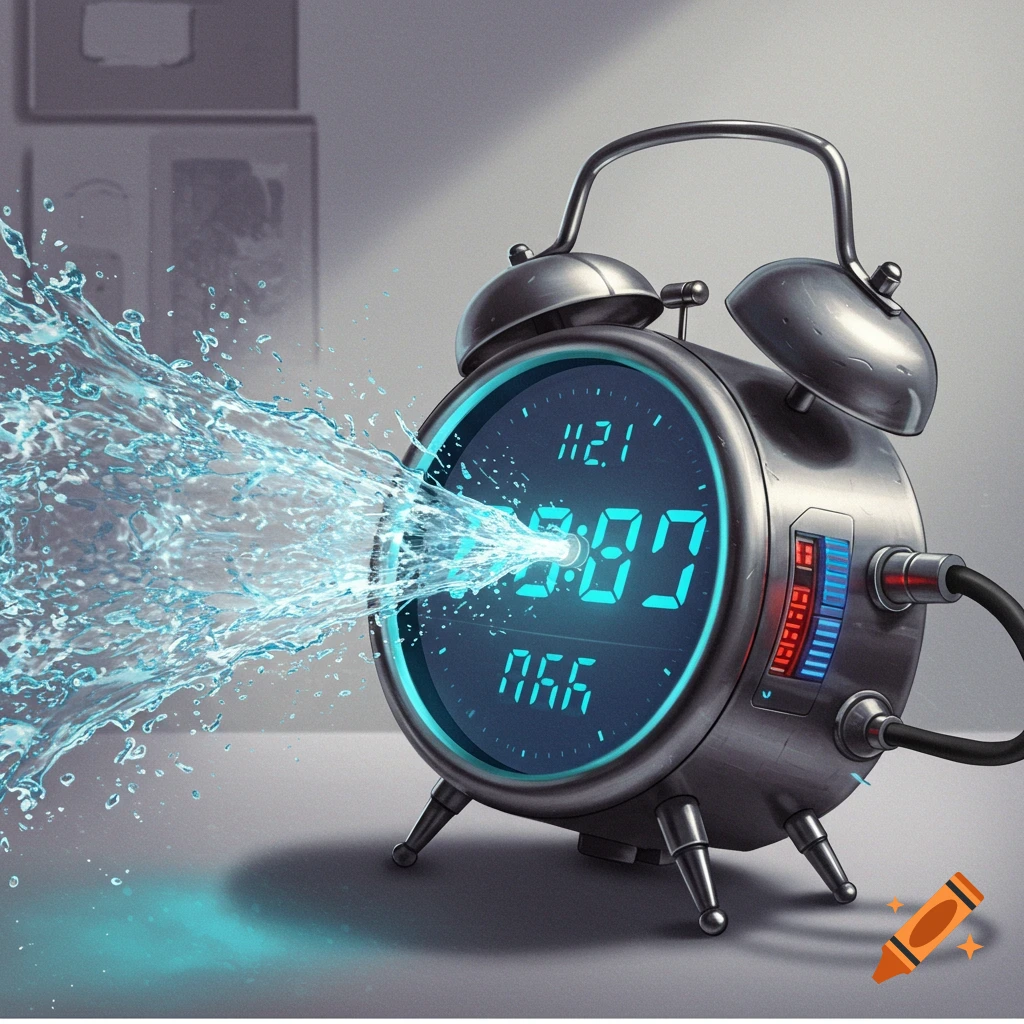 A futuristic alarm clock shooting a stream of water on Craiyon