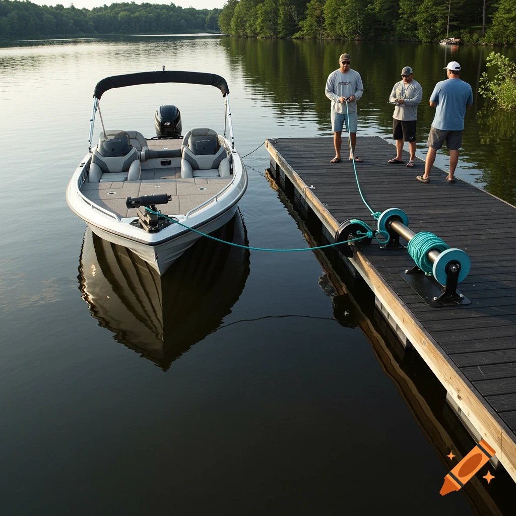Bass boat docking with automatic rope tying system on Craiyon