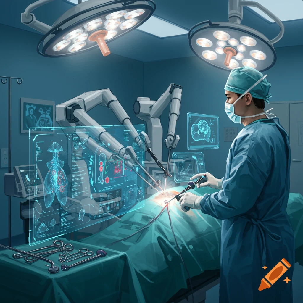 A surgeon performing robotic surgery with holographic displays in an ...